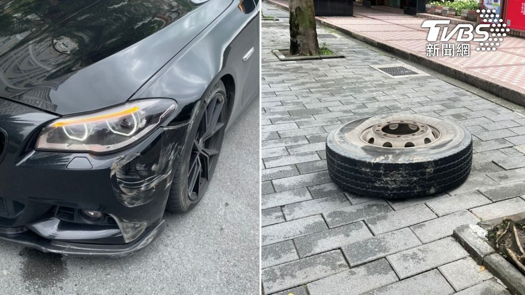 馬路驚見「血滴子」！砂石車輪胎脫落 BMW撞上鈑金花了│TVBS新聞網
