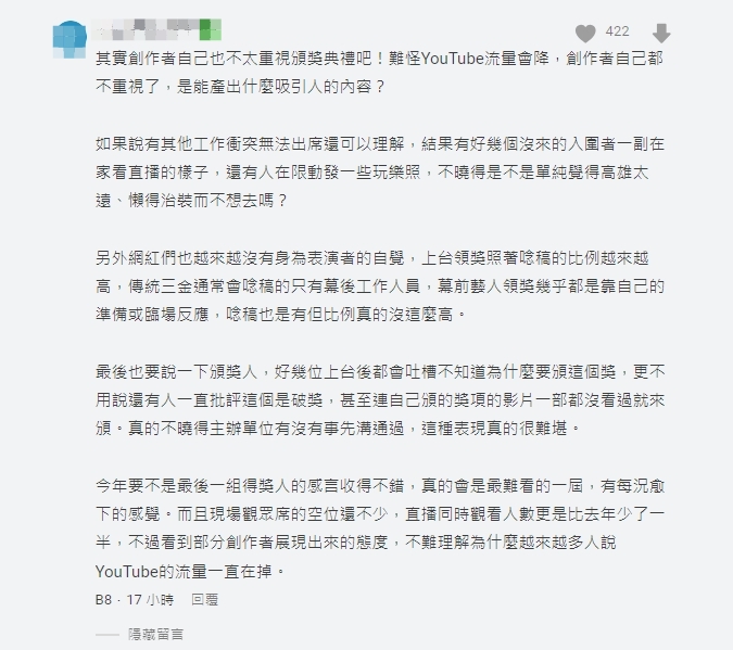 歷屆最難看走鐘獎？得獎者缺席率超高 支持者嘆：每況愈下│TVBS新聞網