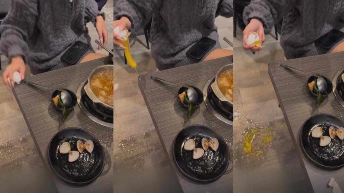 女火鍋店單手打蛋！連2顆掉地板還錄影 遭批：不要玩食物│TVBS新聞網